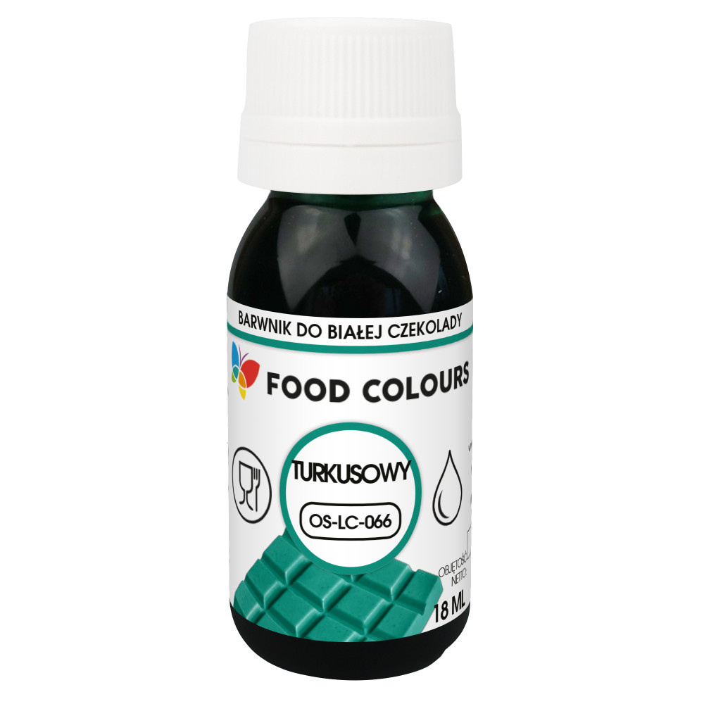 Turkusowy barwnik spożywczy do białej czekolady i mas tłustych Food Colours 18 ml - DesignPack.pl